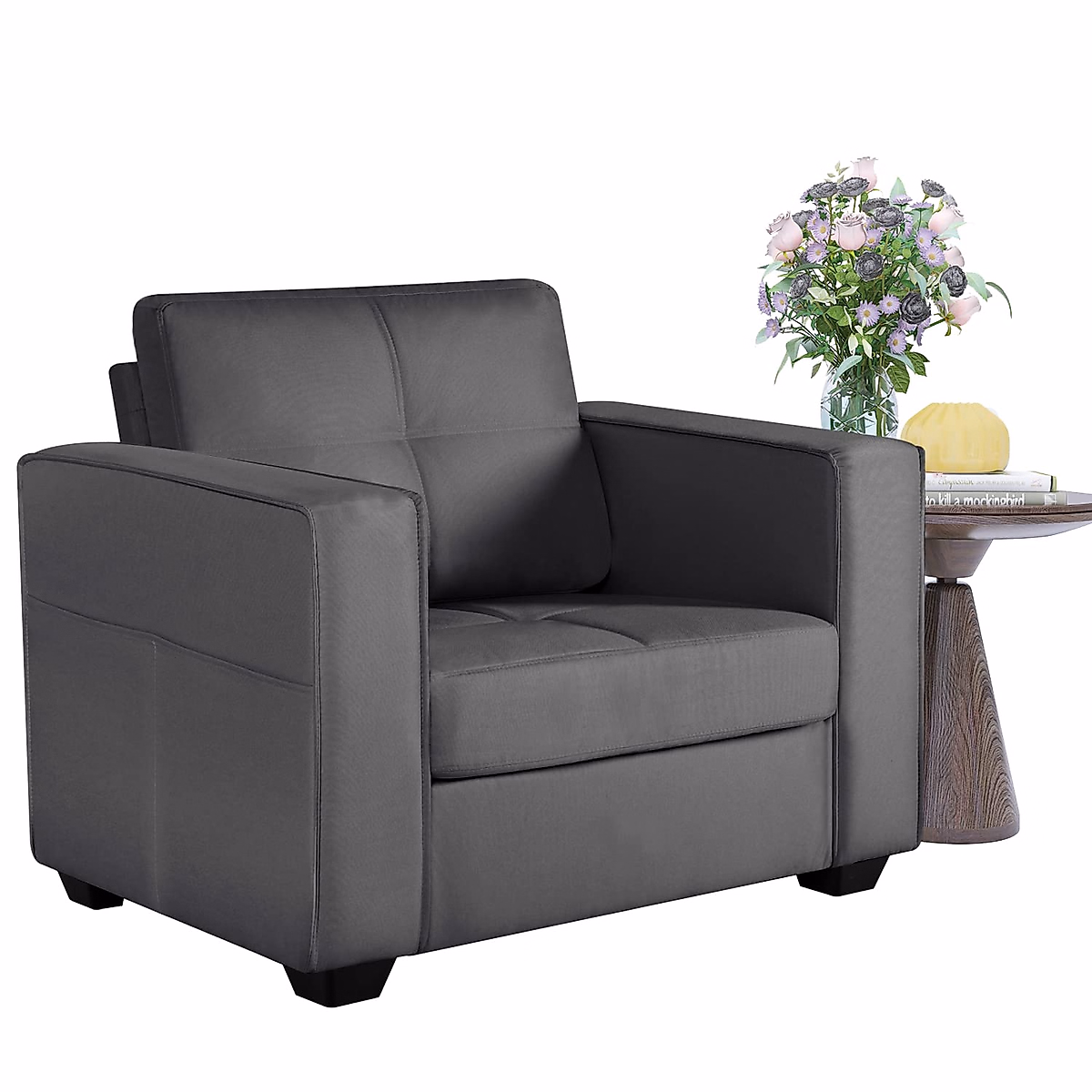 TYBOATLE Accent Chair, 38.58" W Mid-Century Modern Linen Fabric Tufted Living Room Chair, Comfy Upholstered Reading Club Arm Chairs for Living Room, Bedroom, Office (Dark Grey)