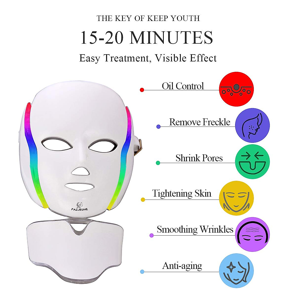 FAZJEUNE 7 Color LED Mask, Facial Mask LED 7 Color Face Skin Care Mask Portable SPA Facial LED Mask with Neck, White