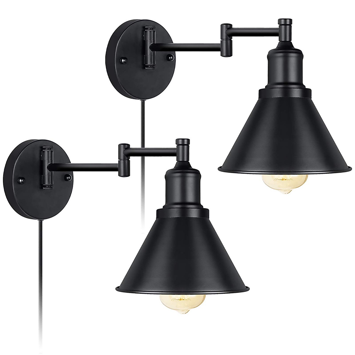 IC INSTANT COACH, Swing Arm Wall Light Fixtures Wall Light Plug-in Cord with On Off Switch on Cord Industrial Wall Sconce Black Finish (2 Lights)