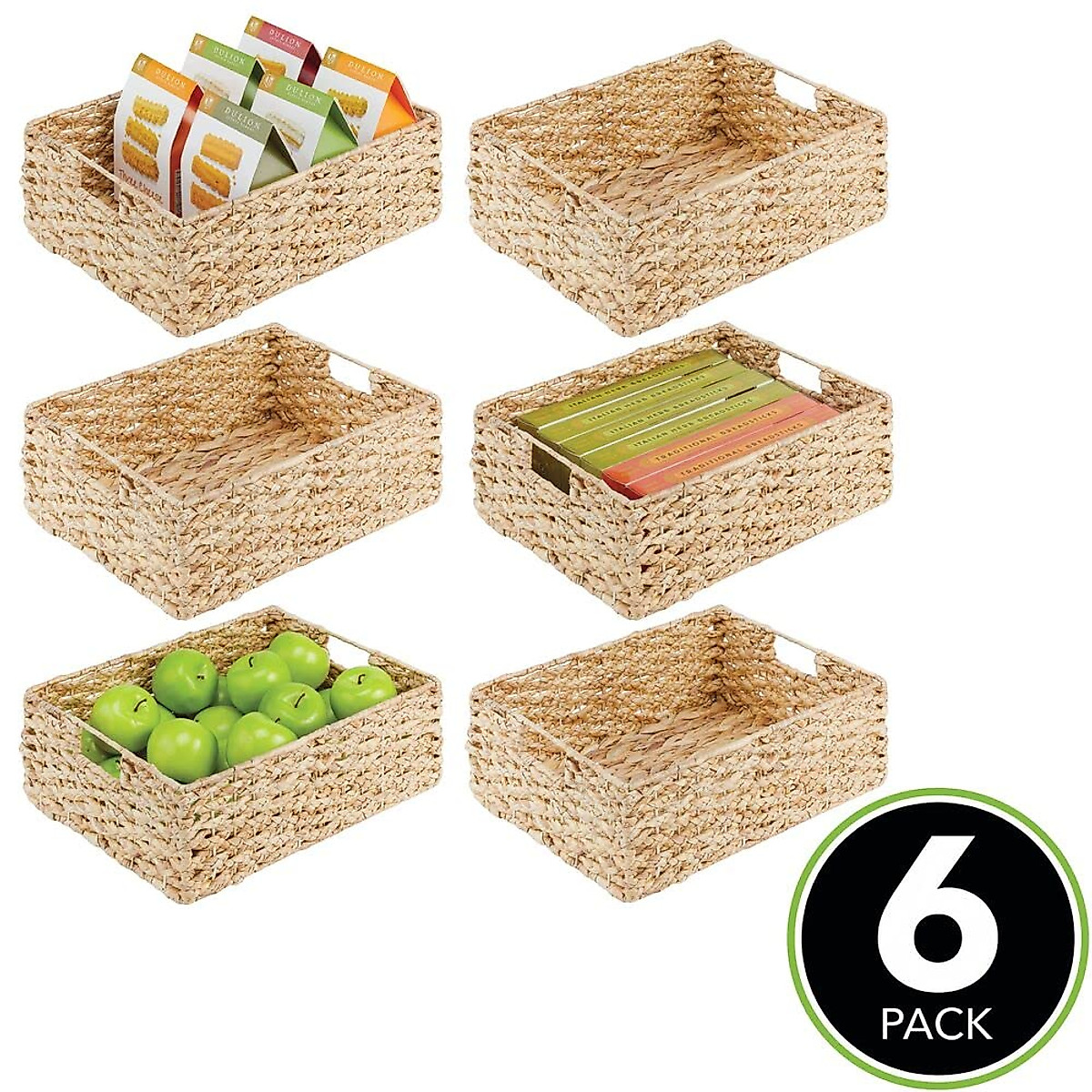 mDesign Hyacinth Braided Woven Kitchen Basket Bin with Built-in Handles for Organizing Kitchen Pantry, Cabinet, Cupboard, Countertop, Shelves - Holds Food, Drinks, Snacks - 6 Pack - Natural/Tan