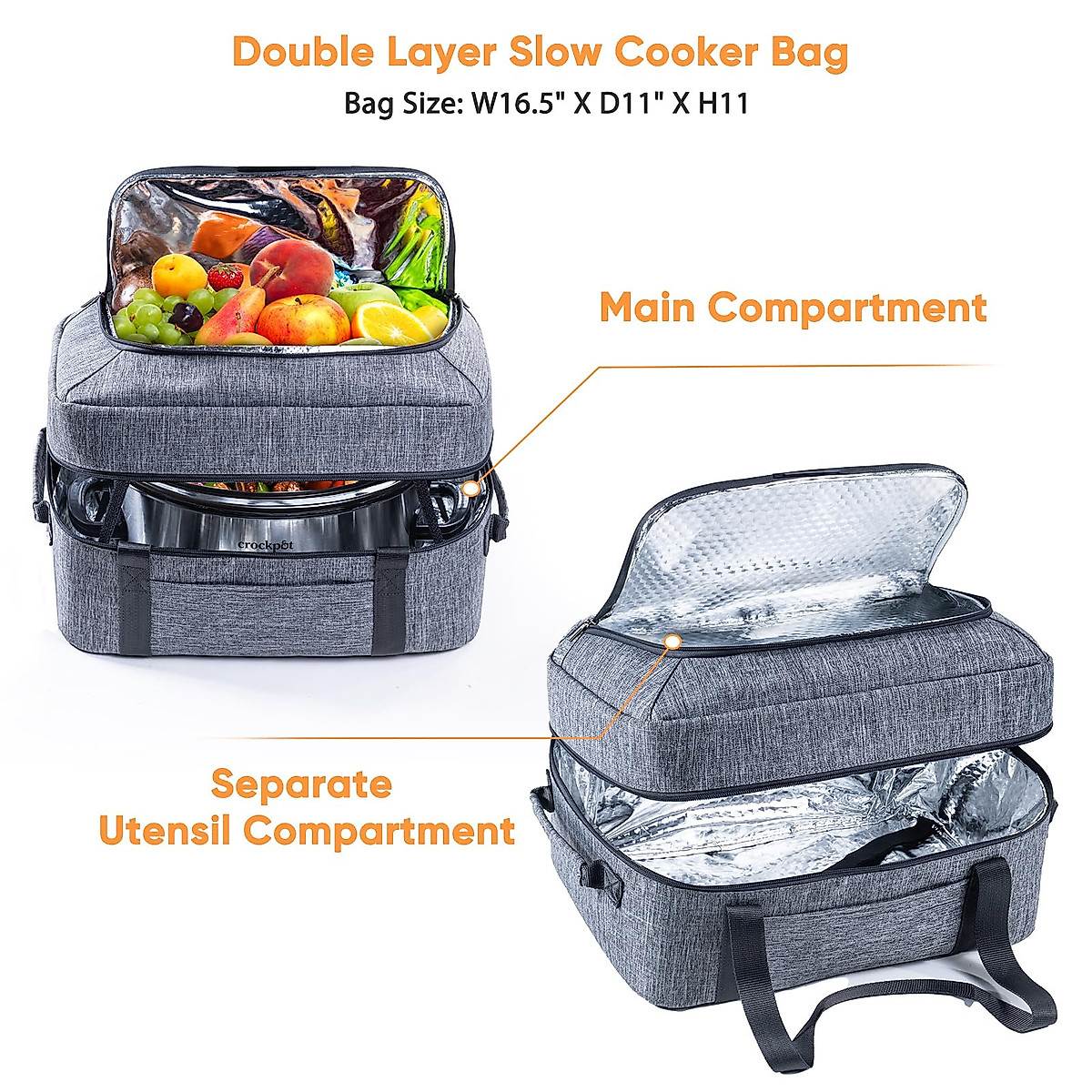 BAGSPRITE Double-Layer Slow Cooker Carrying Bag for 6-8 Quart CrockPot and Hamilton Beach Slow Cooker, Travel Bag with Lid Fastener for Crock-pot, Portable Carrier Case Slow Cooker Bag