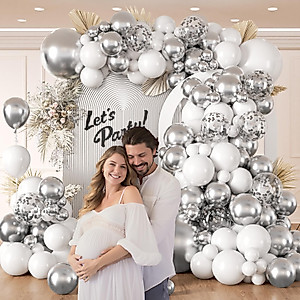 132pcs Silver and White Balloon Arch Kit, Metallic Silver and White Balloons Different Sizes of 18 12 10 Inch Balloons for Wedding Anniversary Baby Shower Graduation Birthday Party Decoration