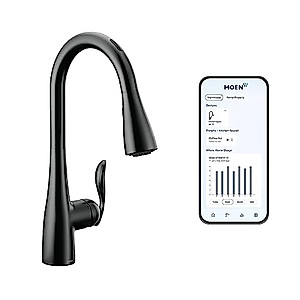 Moen Arbor Matte Black Smart Faucet Touchless Pull Down Sprayer Kitchen Faucet with Voice Control and Power Boost, 7594EVBL