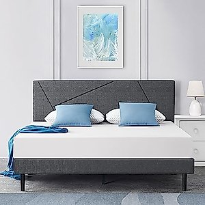 Molblly Queen Bed Frame Upholstered Platform with Headboard and Wooden Slats Support，Platform Queen Bed Only，No Box Spring Needed,Noise-Free,Easy Assembly,Dark Grey