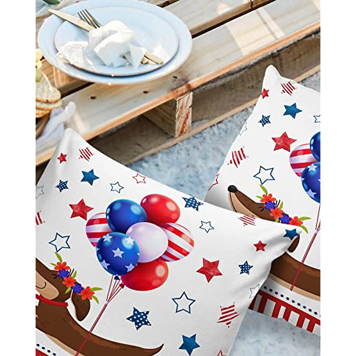 Vandarllin Outdoor Throw Pillows Covers 18X18 Set of 2 Waterproof American Flag Decorative Zippered Lumbar Cushion Covers for Patio Furniture, Stripes Sausage Dog