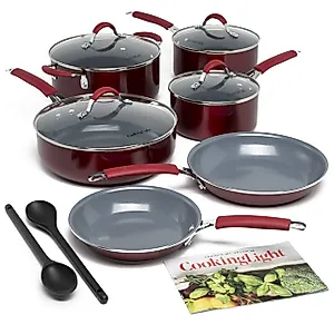 Cooking Light Nonstick Ceramic Pots and Pans Set with Silicone Stay Cool Handles, Dishwasher Safe, 12-Piece Cookware Set, Red