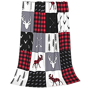 Buffalo Plaid Moose Throw Blanket Flannel Blanket for Bed Couch Sofa Throw Plush Fuzzy Soft Blanket for Kids Teen Adults