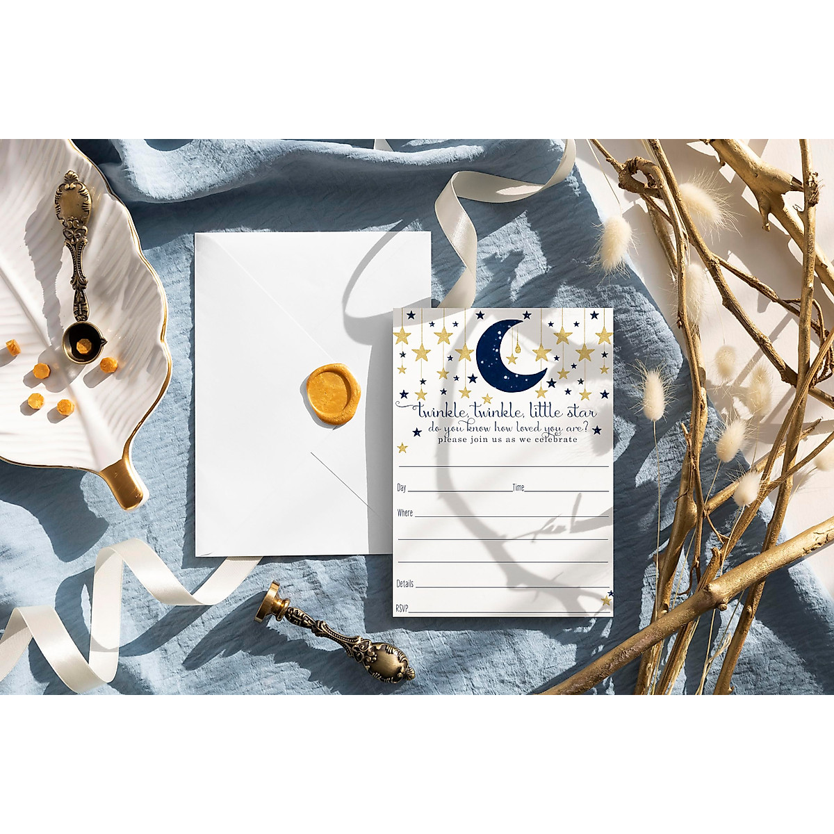Twinkle Little Star Baby Shower Invitation Bundle (25 of Each) Blank Invites with Envelopes for Boys Diaper Raffle Insert and Bring a Book Insert Cards Set Navy and Gold Theme Celestial