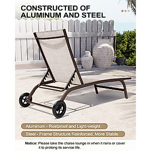 Crestlive Products Aluminum Chaise Lounge Chairs with Wheels Outdoor Adjustable Recliner Five-Position and Full Flat All Weather for Patio, Beach, Yard, Pool (2PCS Beige)