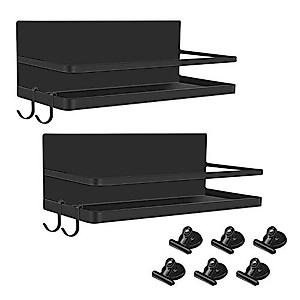 JONYJ Magnetic Spice Rack Organizer with 4 Removable Hooks & 6 Magnetic Clips, Single Tier Refrigerator Spice Storage Shelf for Jar of Olive Oil, Cooking Oils, Salt, Pepper, Small Things (2 Pack)