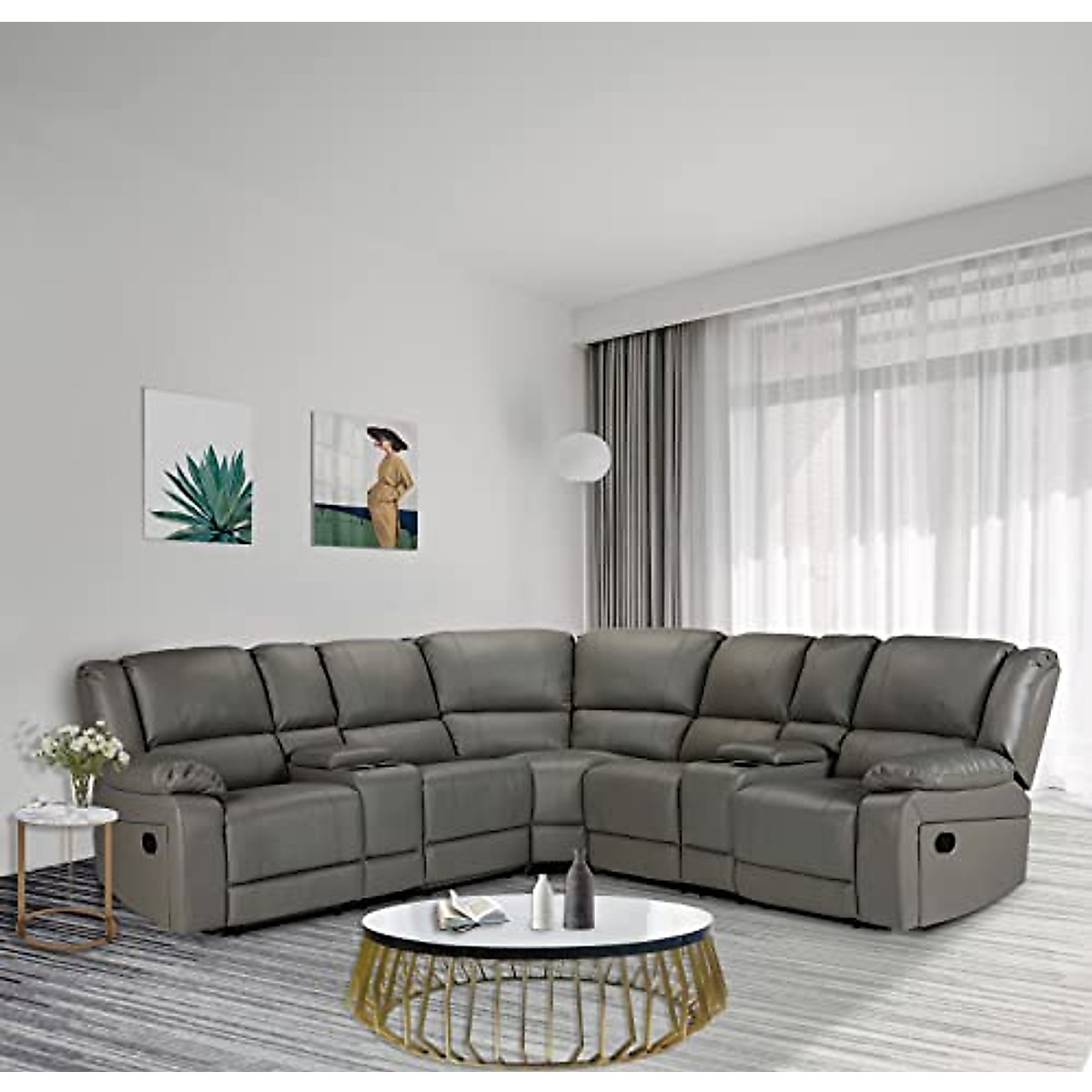 EMKK Home Power Modern Upholstered L-Shape Sectional Sofa Reclining,PU Leather Extra Wide Lounge Couch with Consoles,2 Cup Holders and Storage,Fabric Sofá for Living Room Apartment, a-Brown