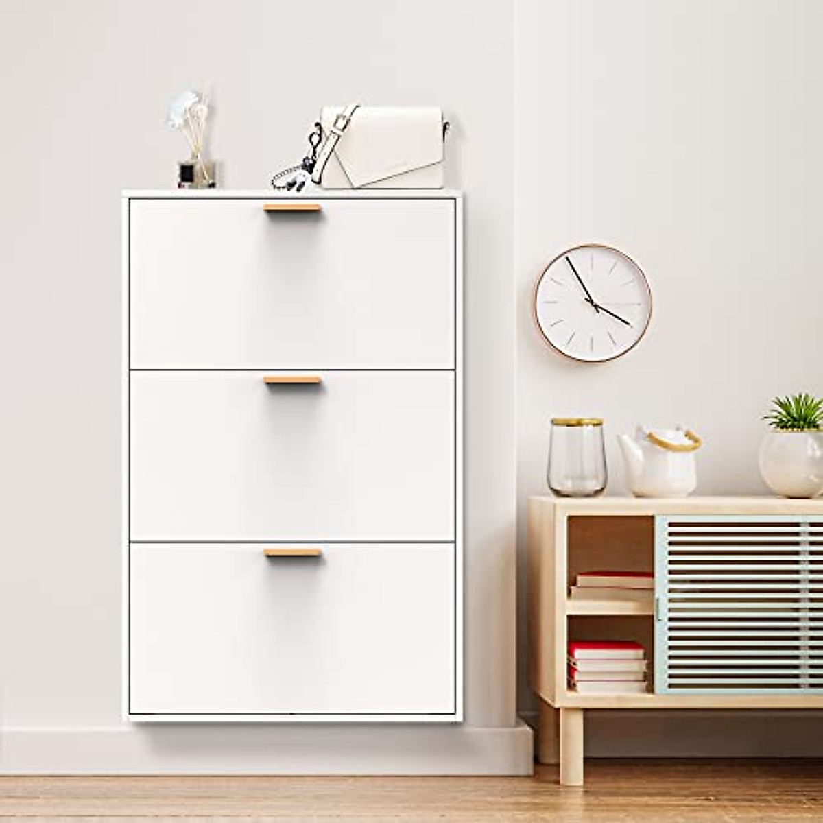 Metal Shoe Cabinet with 3 Flip Drawers, Wall Mounted & Upright Narrow Shoe Storage Organizer with Adjustable Shelf, Modern White Free Standing Shoe Cabinet for Entryway, Hallway, Holds 20 Pair Shoes