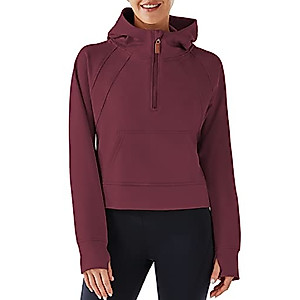 URBEST Women's Hoodies Fleece Lined Collar Pullover Half Zipper Sweatshirts Long Sleeve Crop Sweater Tops with Thumb Hole BURGUNDY XL