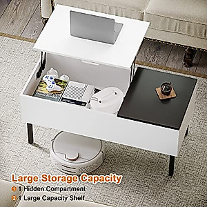 Koifuxii Coffee Table with Lift Top and Storage - White and Black Lift Top Coffee Tables for Living Room, Small Spaces - Lift up Coffee Table Wood, Metal Legs