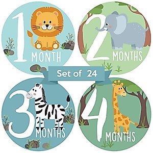 Baby Monthly Stickers | Zoo Animals Baby Milestone Stickers | Jungle Newborn Boy or Girl Stickers | Month Stickers for Baby Boy | Gender Neutral | Unisex Safari Newborn Monthly Milestones (Set of 24)