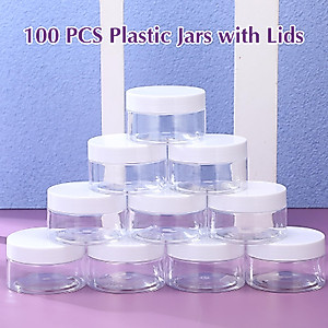 SATINIOR 100 Pcs Plastic Jars with Lids Small Containers Lids Wide Mouth Small Plastic Containers for Lotion Cream Rhinestones Body Butters Travel Storage(4 oz,Clear with White Lid)