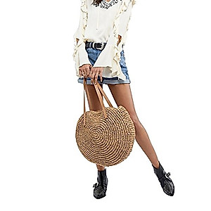 Round Woven Zippered Shoulder Bag,Handbags Beach Straw Bag Large Handmade Weaving Shoulder Bag Natural Chic Women Straw Woven Tote Summer Beach Tote for Women Vacation and Daily Use(Off-white