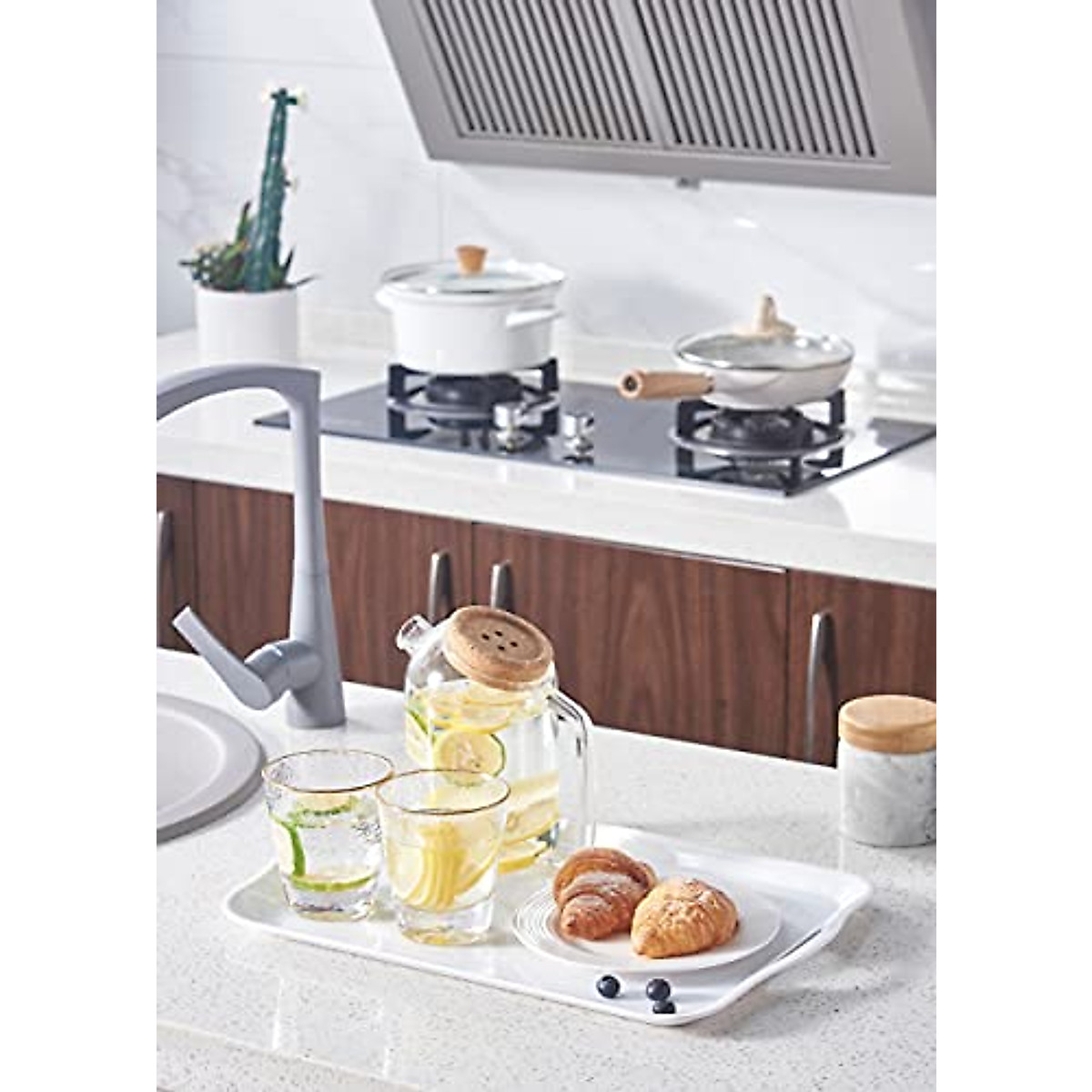 Blue Boat 16.5" x 11.5" Rectangular Serving Trays Set of 2 White,Light Weight Easy to Clean Sturdy Stackable Melamine Serving Tray with Handle, Fruit, Snacks, and Desserts Trays