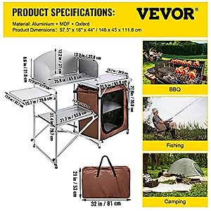 VEVOR Camping Kitchen Table, Aluminum Portable Folding Camp Cook Station with Windscreen, Cupboard, Storage Organizer, Carrying Bag, Quick Installation for Outdoor Picnic Beach BBQ RV Traveling, Brown