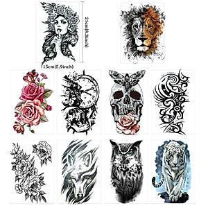 Hotoyannia 62 Sheets Black Temporary Tattoos Stickers for Women Men and Girl, 10 Large-Size That Look Real and Last Long, Include Black Scary Wolf Lion Tiger Skeleton Skull Halloween Fake Tattoos