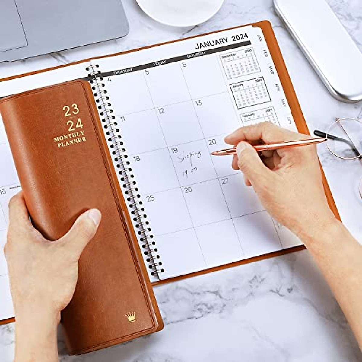 2023-2024 Monthly Planner - 18 Months Calendar/Planner with Faux Leather, 8.86" x 11.4", Jul.2023 - Dec.2024, 15 Notes Pages, Strong Twin - Wire Binding, Pocket, Monthly Tabs, Perfect Organizer