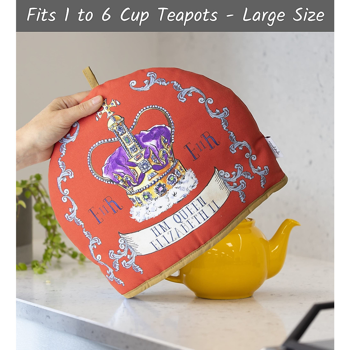 Muldale Queen Elizabeth Tea Cozy for Teapot Insulated - Crown Design - Large Teapot Cover for Keeping Warm - English Tea Cosy - 100% Cotton with Extra Thick Wadding - 2-6 Cups