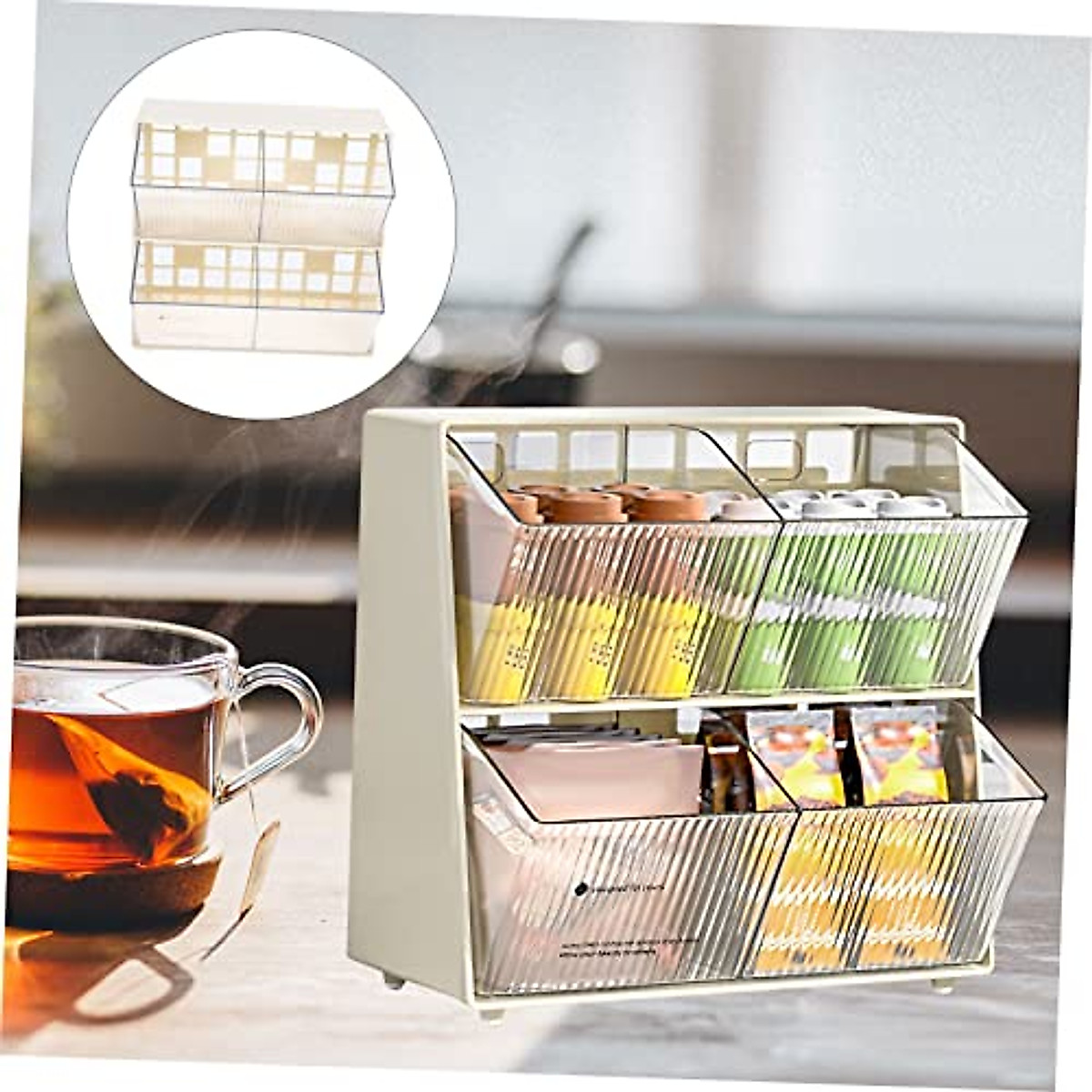 ULDIGI Tea Bag Storage Box Plastic Organizer Box Locker Organizer Shelf Desk Top Shelf Stand Tea Bag Storage Bin Tea Bag Holder Coffee Sugar Bag Organizer Coffee Bag Holder Tea Bags Stand