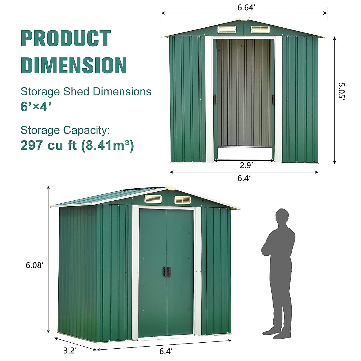 Steel Garden Storage Shed 6' x 4' - Utility Tool House with Vents Garden Storage House Metal Shed for Patio (Green)