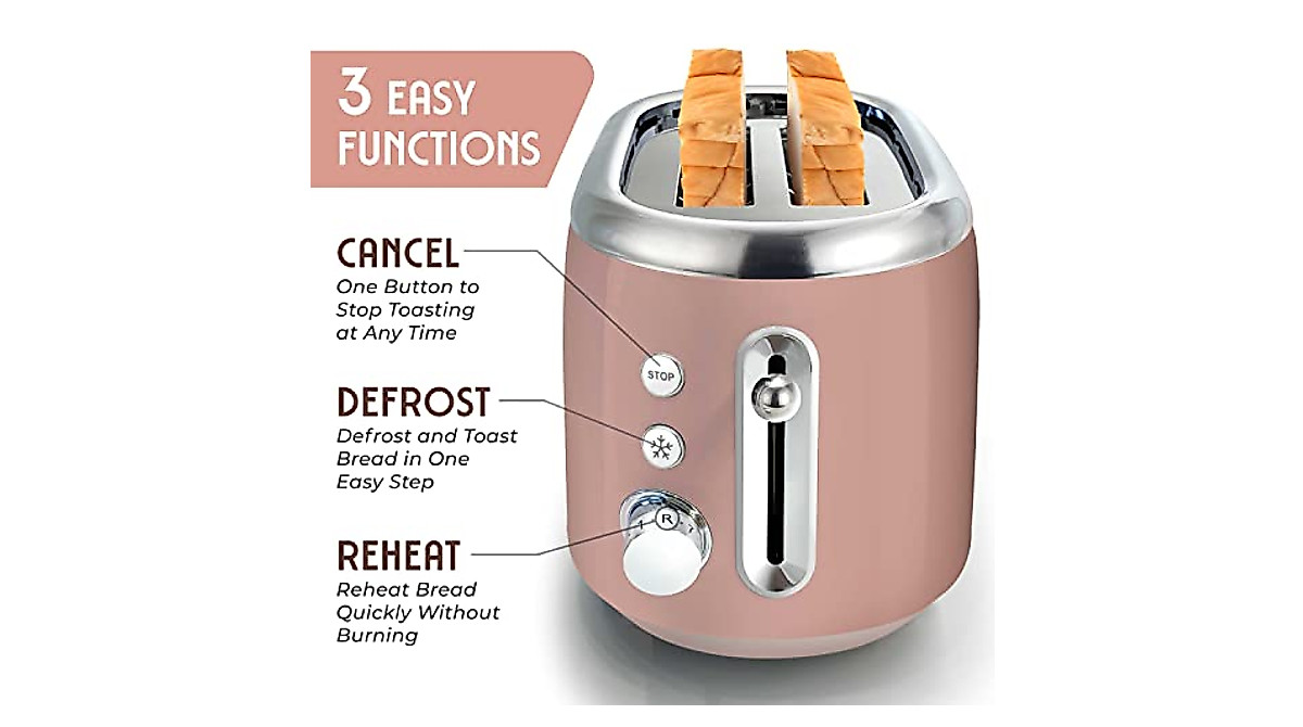 Mueller Retro 2-Slice Toaster - Pink, 7 Browning Levels & 3 Functions