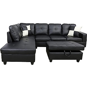 FANYE Linen Upholstery 82" Sectional w/Reversible Storage Chaise, L-Shaped 3-Seaters Corner Pull Out Sleeper Bed for Home Apartment Office Living Room Furniture Sets, Dark Gray Sofa & Couch, Black 1