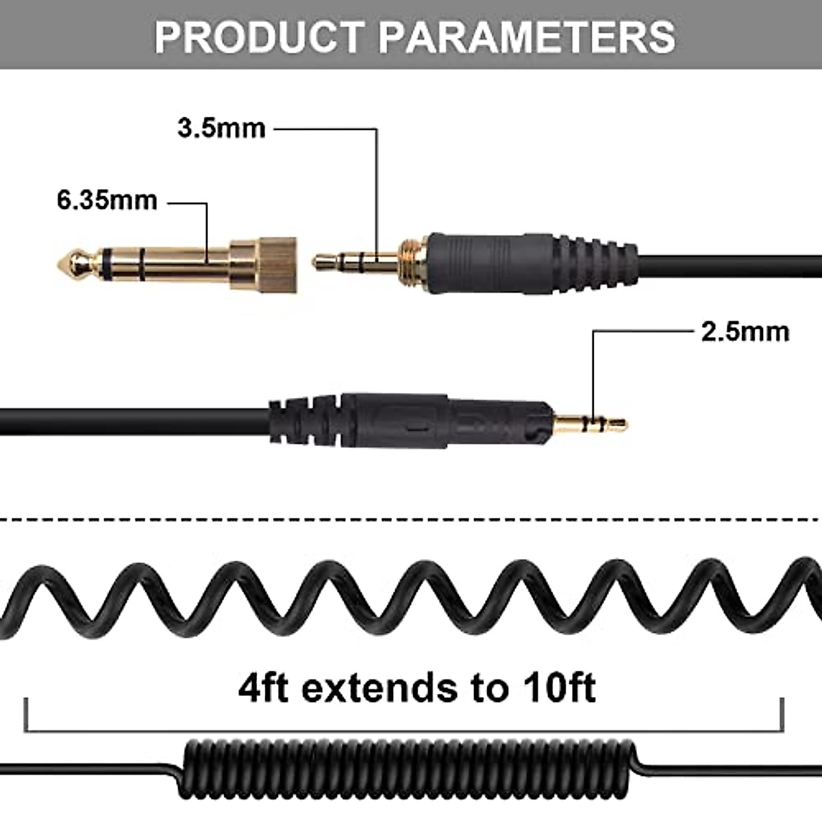 ATH-M50x Replacement Cable, Compatible with Audio Technica ATH-M50x、ATH-M40x、ATH-M70x、ATH-M60x Coiled AUX Headphone Extension Cable with 6.35mm Adapter(4ft extends to 10ft) (ATH-M50x/M40x/M70x)
