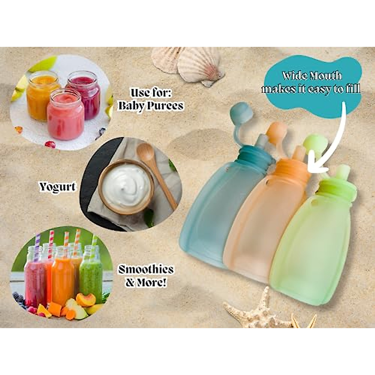 Eco Mama Shop: Toddler Reusable Silicone Food Pouches, 3 Pack, Squeeze Pouches for Kids, Refillable Pouches for Applesauce Yogurt and Purees, Baby Food Feeder