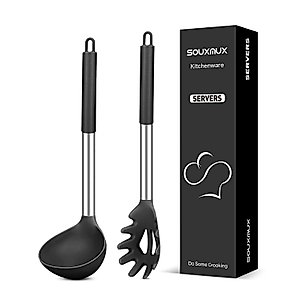 Silicone Pasta Fork and Soup Ladle Set, Non-Stick BPA Free Heat-Resistant Handy Kitchen Utensils for Cooking, Serving, Draining, Stirring (Black)