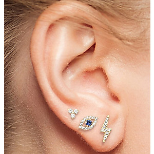 Solid 14k Gold Mini Lotus Cubic Zirconia Studs, Trefoil Trinity Triple Cluster Minimalist Earrings (White Gold)