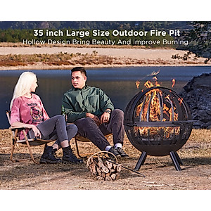 PaPaJet 35 inch Flaming Ball Fire Pit for Outside, Bonfire Wood Burning Fire Pit with Spark Screen, Tree Pattern for Patio Backyard Garden