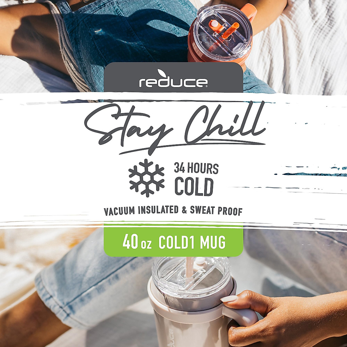 REDUCE 40 oz Stainless Steel Tumbler with Handle - Dual-Wall Vacuum Insulated Travel Mug, Sweat-Proof Lid & Reusable Straw - Keeps Drinks Cold for 24 Hrs, Fits Cupholders, Dishwasher Safe - Dark Web