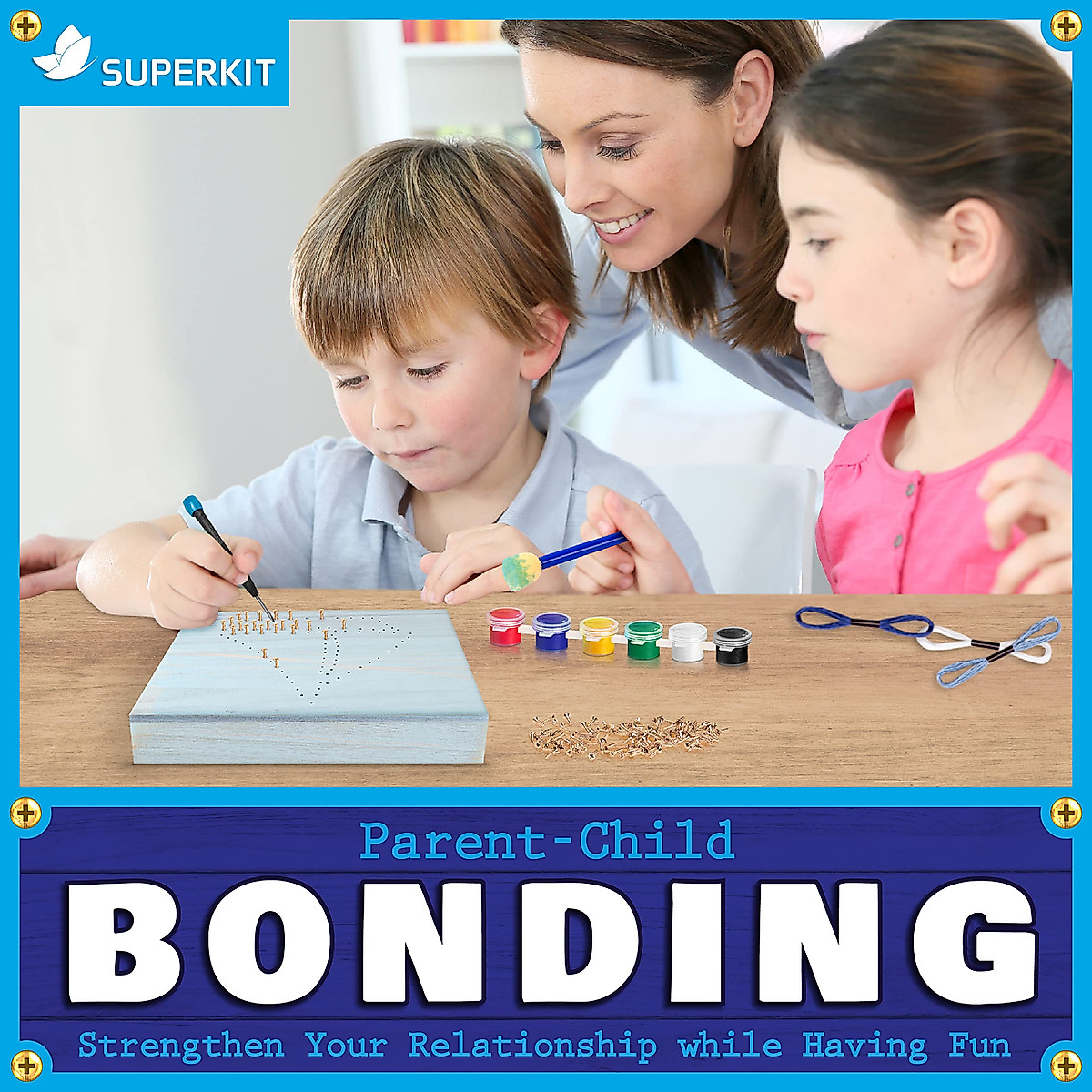 Superkit Boat String Art Kit: Complete 3D Wood DIY Art Craft Set, Marked Holes, 3 Colored Skeins, Screws, Screwdriver, Paints, Foam Brush, Ages 7+