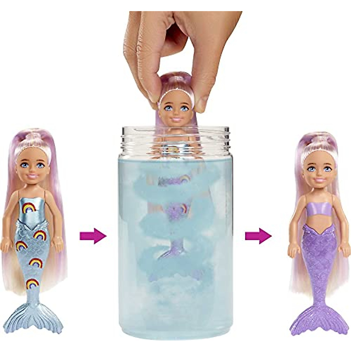 Barbie Color Reveal Rainbow Mermaid Series Chelsea Doll with 6 Surprises, Color Change and Accessories