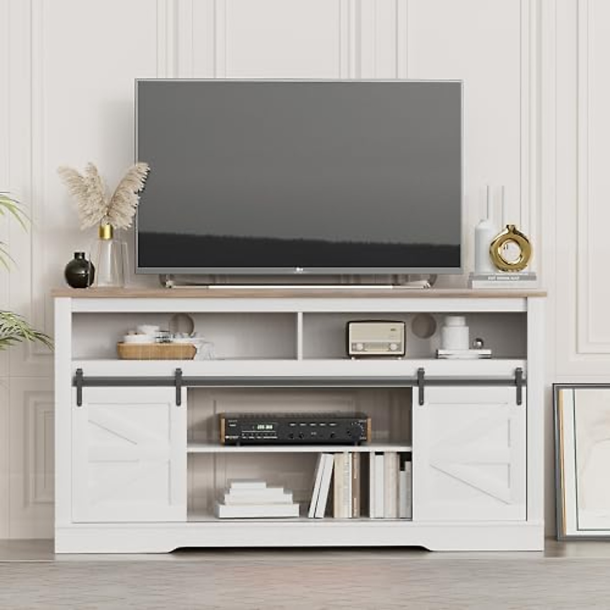 YESHOMY Fireplace TV Stand for Television up to 65+ Inch with Storage and Farmhouse Sliding Barn Doors, Entertainment Center with Cabinet and Shelves, Media Console for Living Room, White