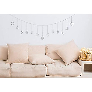 Mkono Moon Phase Wall Hanging Boho Aesthetic Room Decor Metal Moons Garland Hanging Art Bohemian Home Decoration for Girls Room Nursery Bedroom Livingroom Dorm, Ideal Gift, Silver, 55"