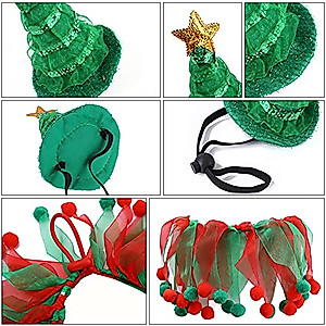 Christmas Dog Collar Hat Cat Costume 1 PCS Red Green Collar with 1 PCS Green Santa Hat Xmas Tree Headdress for Christmas Pet Decoration Holiday Dress