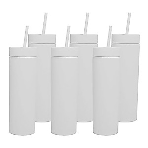 Skinny Tumblers with Lids and Straws Bulk.Matte White Slim Tumbler Cups with Straws.22 oz Plastic Pastel Double Walled Acrylic Skinny Tumbler Set for Smoothie Ice Coffee.Customizable DIY Gift.