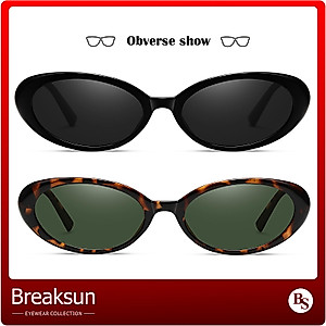 Breaksun Retro Oval Sunglasses for Women Men Fashion Small Oval Sunglasses 90s Vintage Shades (Black/Grey+ Leopard/G15)