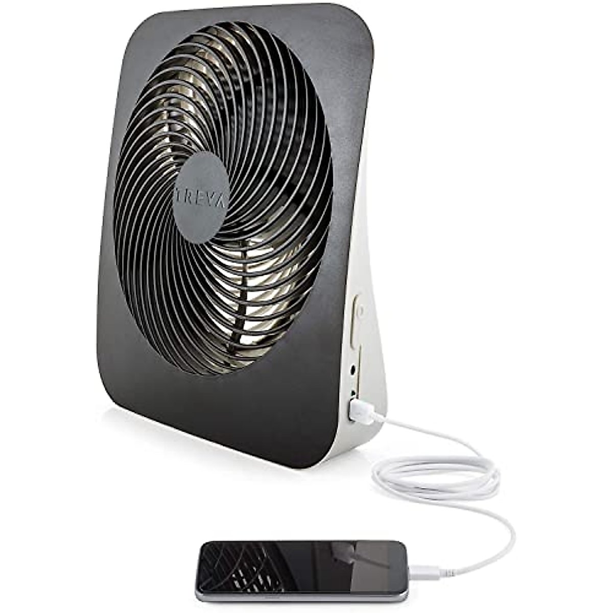 Treva 10-Inch Portable Desktop Battery Fan, Powered by Battery and/or AC Adapter - Air Circulating with 2 Cooling Speeds, With Built In USB Charging Port