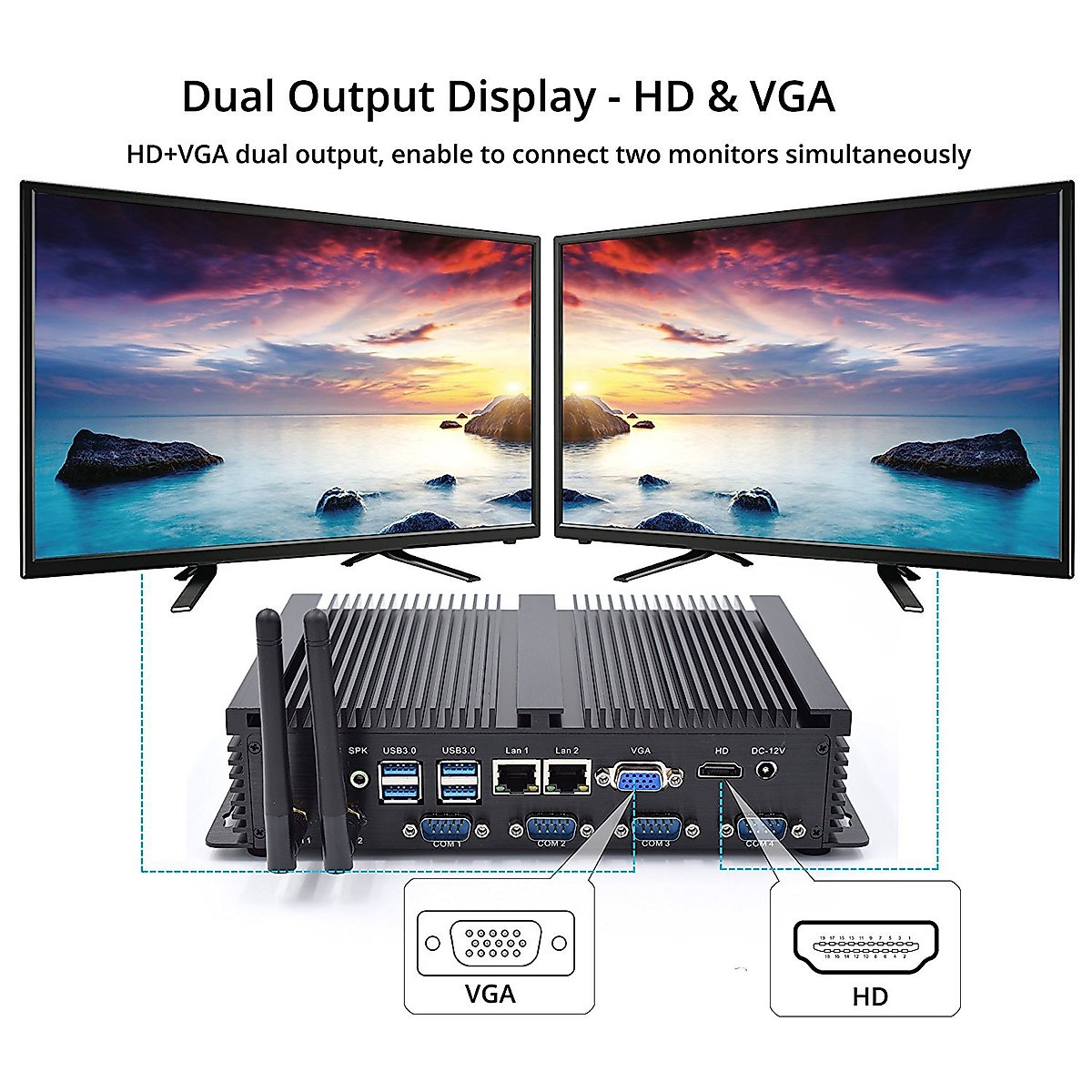 IDEARACE Powerful Fanless Mini PC, Intel i5 2 Cores CPU Industrial Desktop Computer, 8GB RAM+128GB SSD, 4xCOM RS232, 4xUSB 3.0, 2xNICs, HD, VGA, Metal Case, W-11 Pro
