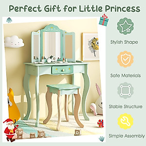 Costzon Kids Vanity Set, 2 in 1 Princess Makeup Dressing Table & Chair Set w/Detachable Tri-fold Mirror, Toddler Vanity with Drawer & Accessories, Pretend Play Vanity Set for Little Girls (Green)