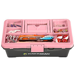 Fishing Single Tray Tackle Box- 55 Piece Tackle Gear Kit Includes Sinkers, Hooks Lures Bobbers Swivels and Fishing Line By Wakeman Outdoors (Pink)