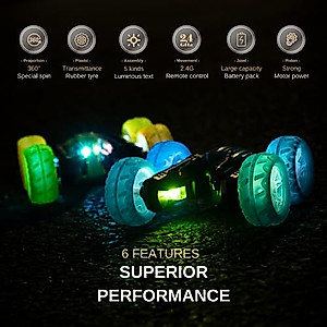 Obsiusfb RC Stunt Car for Kids with Wheel Lights and Headlights, 2.4GHz Double Sided 360° Rotating RC Car, High Speed Rechargeable Remote Control Crawler for Boys & Girls (Blue)