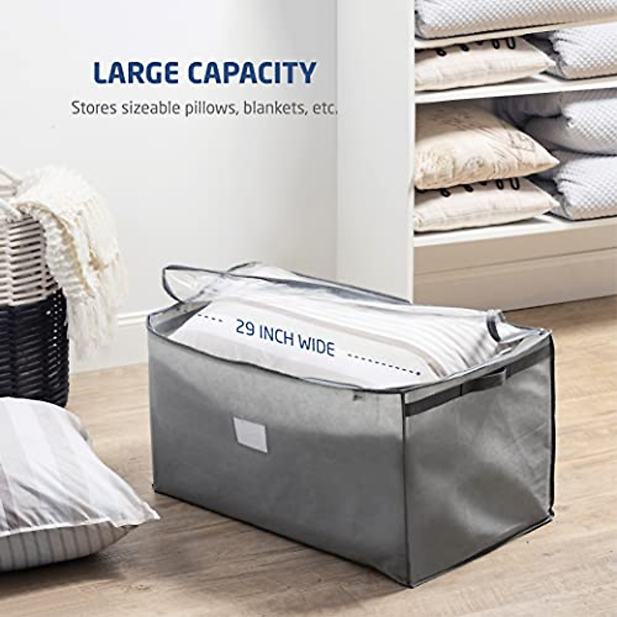 ZOBER Jumbo Storage Bag Organizer (2 Pack) Large Capacity Storage Box with Reinforced Strap Handles, PP Non-Woven Material, Clear Window, Store Blankets, Comforters, Linen, Bedding, Seasonal Clothing