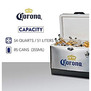Corona Ice Chest Beverage Cooler with Bottle Opener, 51L (54 qt), 85 Can stainless steel Portable Cooler, Silver and Black, for Camping, Beach, RV, BBQs, Tailgating, Fishing